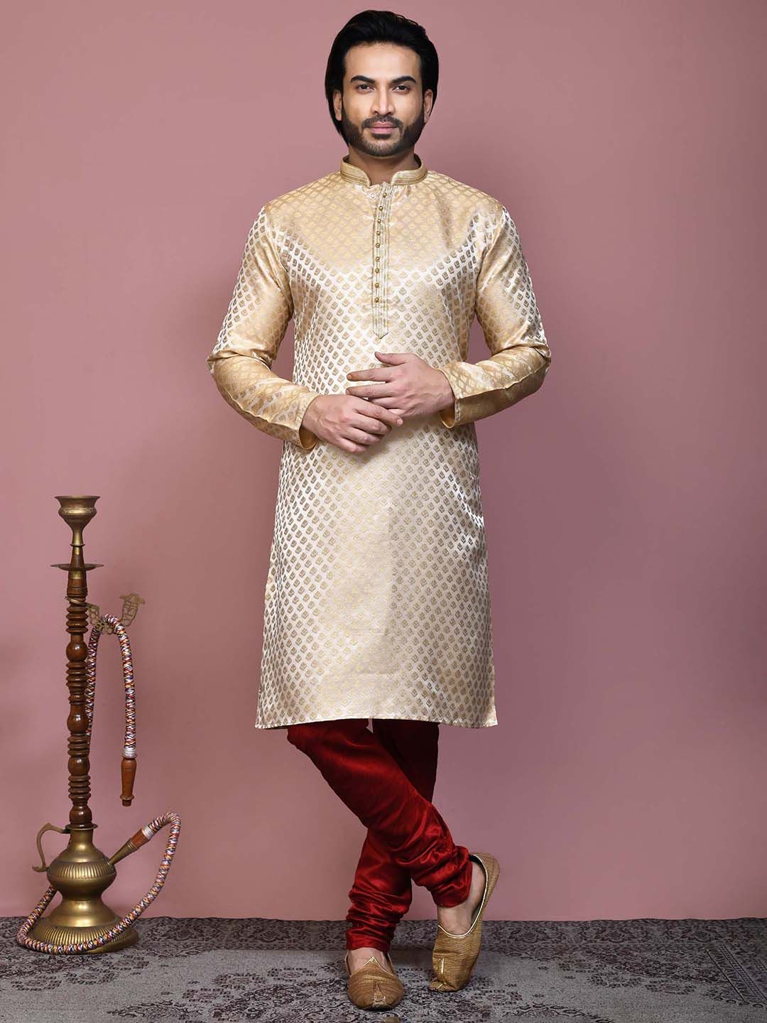 Buy RANAK Mandarin Collar Ethnic Motifs Woven Design Straight Cotton ...