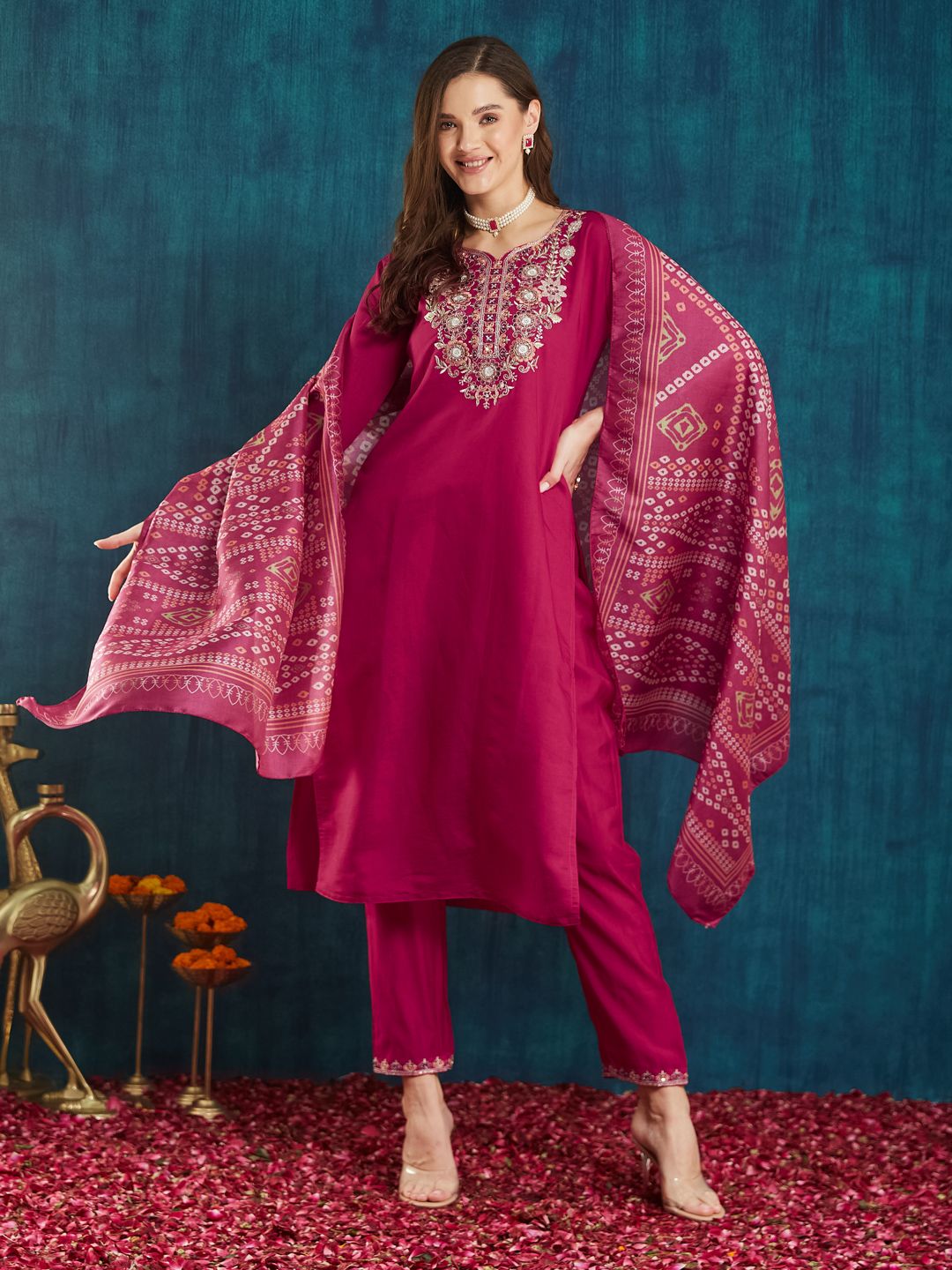 Buy KAVINDI Floral Yoke Design Beads And Stones Pure Silk Kurta With ...