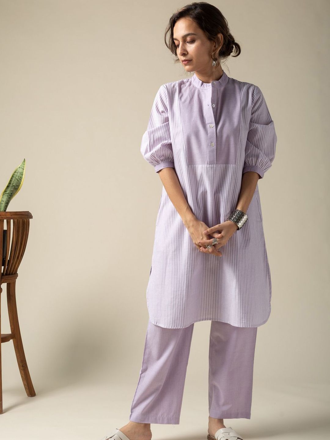 Buy KUSVAA Band Collar Striped Pure Cotton Straight Kurta With Trouser ...
