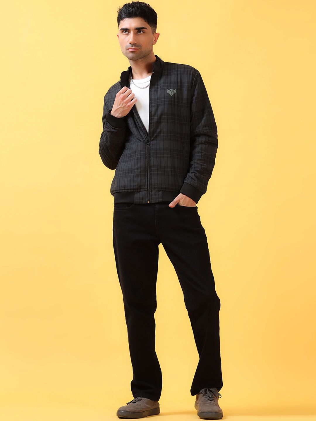 Buy THINC Men Stylishly Layered Mandarin Collar Checked Casual Bomber ...