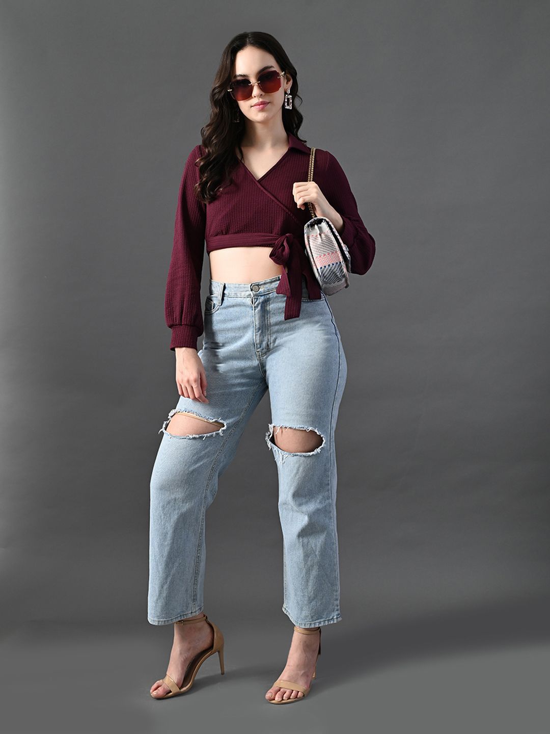 Buy Myshka Mandarin Collar Flared Sleeve Crop Top - Tops for Women ...