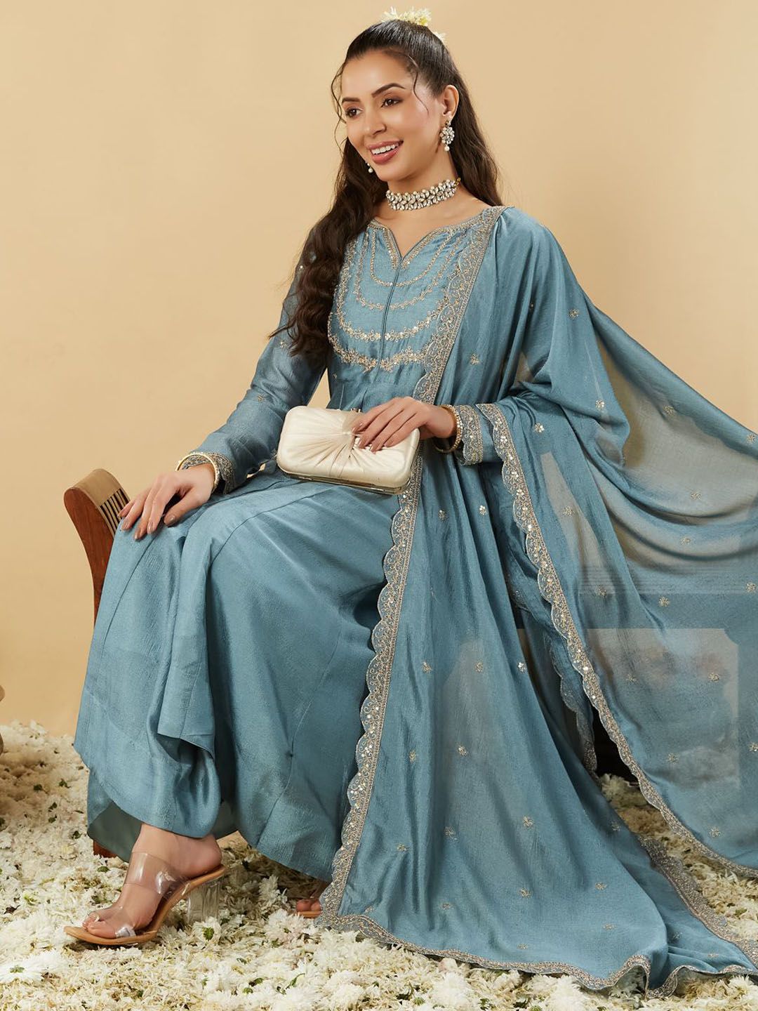 Buy MOKOSH Floral Embroidered Sequinned Notch Neck Anarkali Kurta With Trousers And Dupatta ...