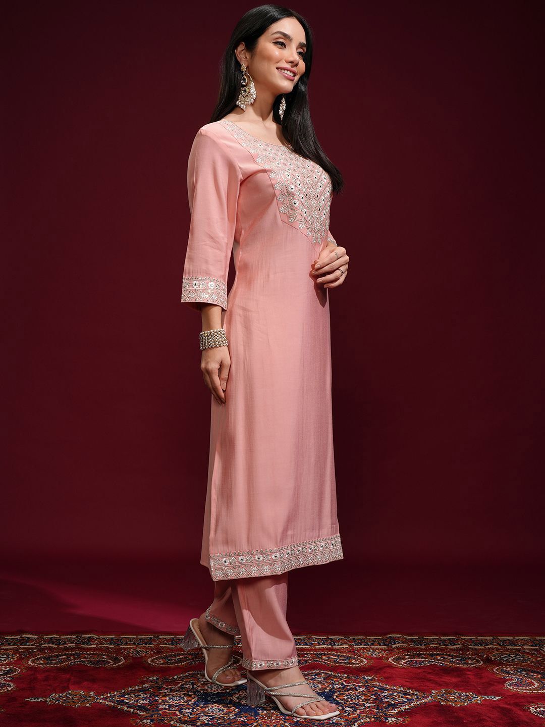 Buy Vishudh Women Embroidered Kurta With Pant & Chinon Chiffon Dupatta ...
