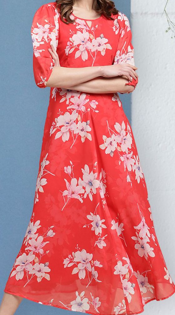 Buy Fabflee Women Floral Printed Fit & Flare Midi Dress - Dresses for ...