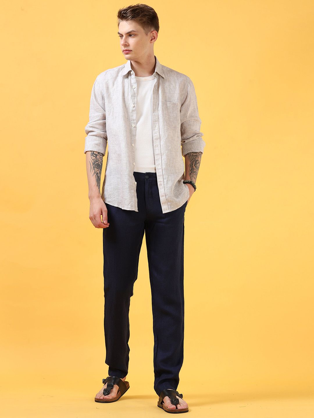 Buy THINC Men Linen Mid Rise Flat Front Relaxed Fit Trousers - Trousers ...
