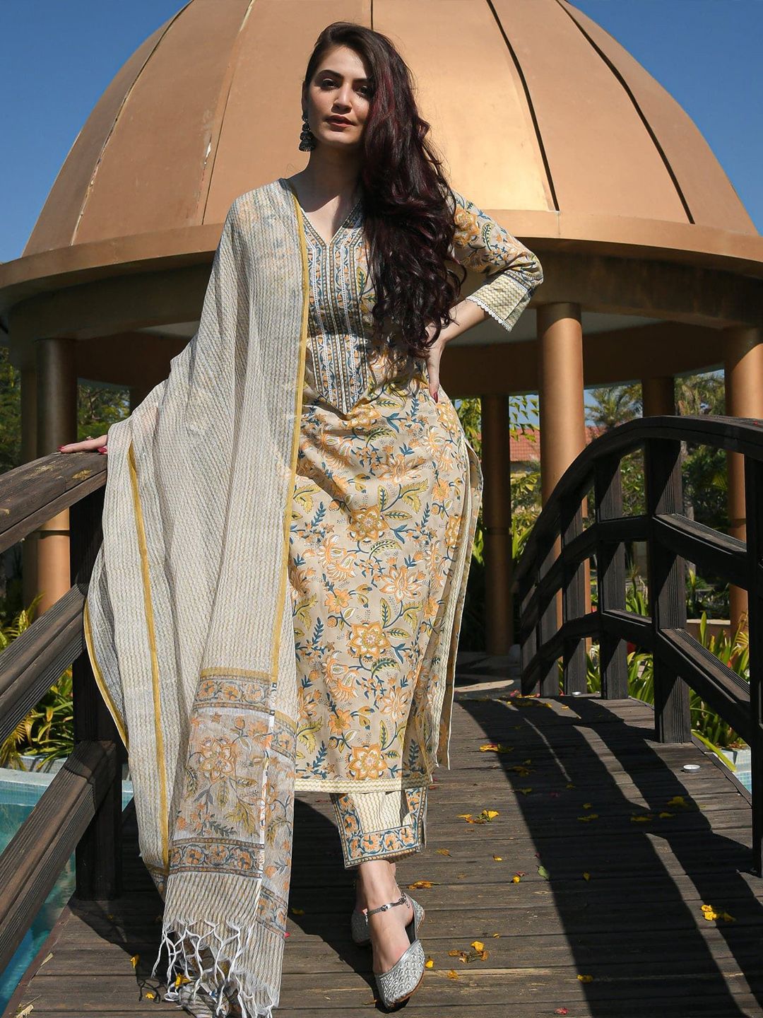 Buy KALINI Pack Of 2 Floral Printed Anarkali Kurta With Trousers And ...