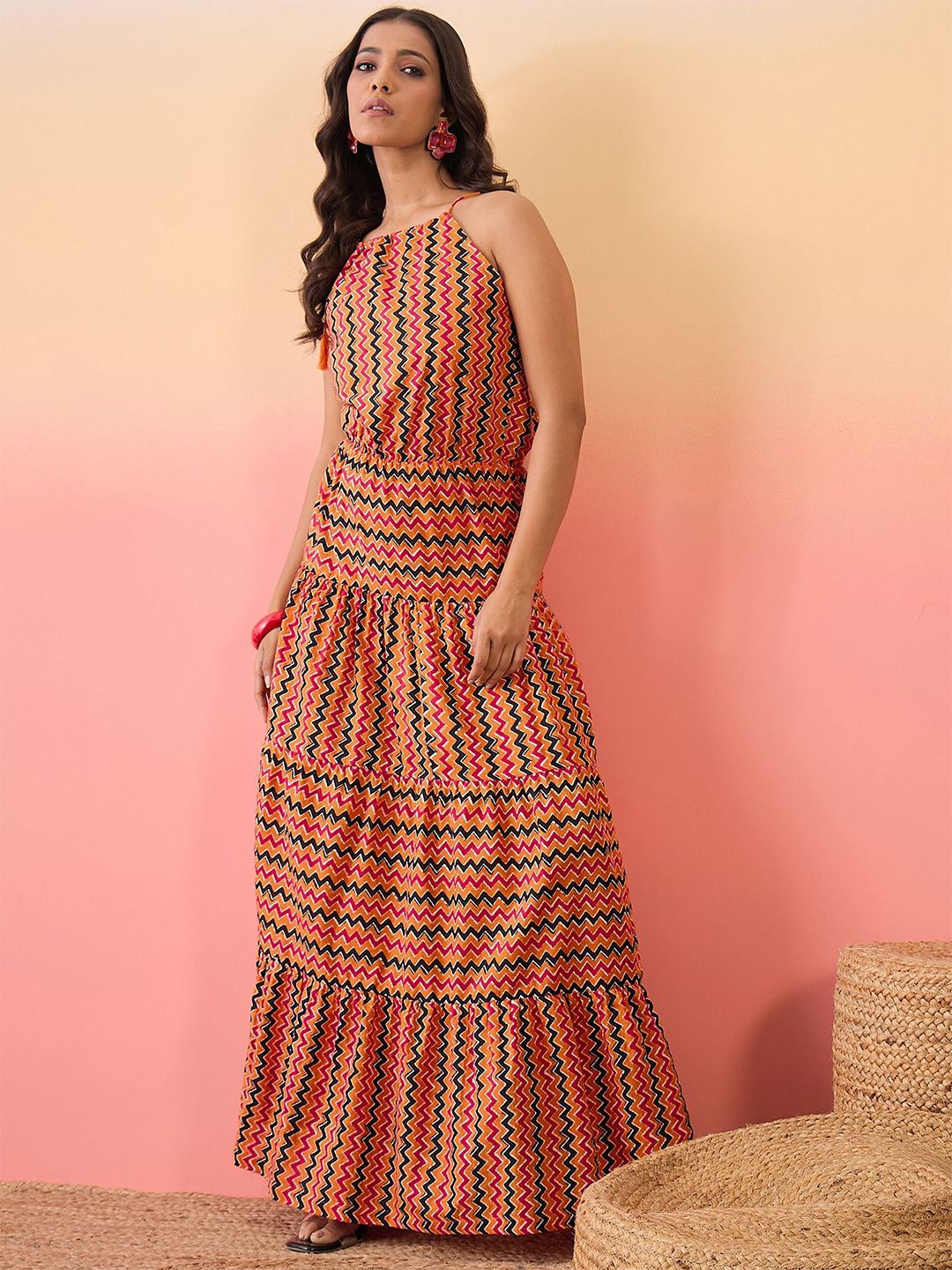 Buy Sangria Zig Zag Printed Cotton Tiered Maxi Dress - Dresses for Women 32072630 | Myntra