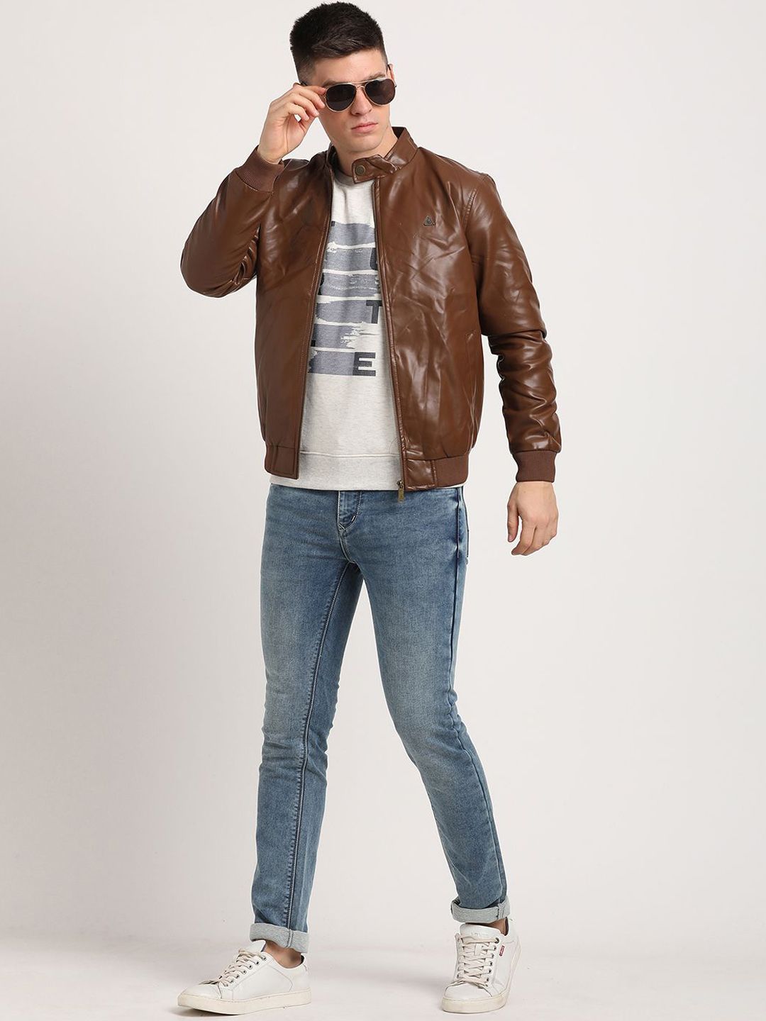 Buy Turtle Men Mandarin Collar Solid Casual Leather Windcheater Jacket ...