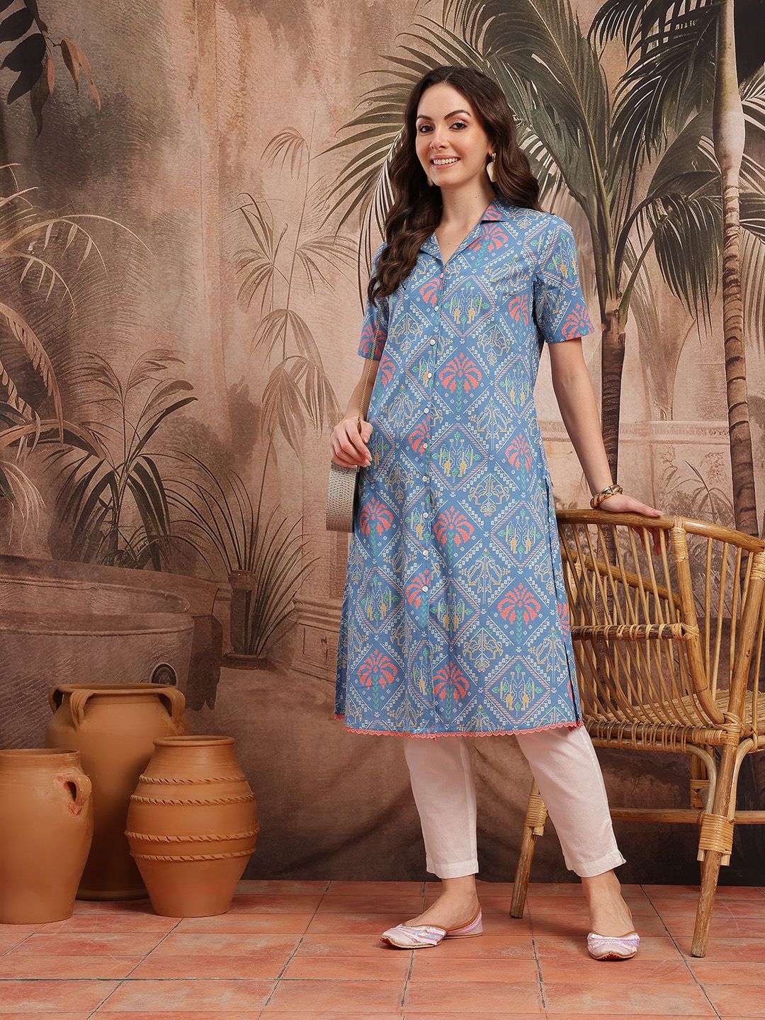 Buy Sangria Women Ethnic Motifs Printed Indie Prints Shirt Style Kurta With Lace Insert Detail ...