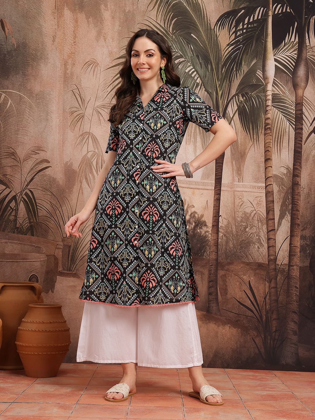 Buy Sangria Women Ethnic Motifs Printed Indie Prints Shirt Style Kurta With Lace Insert Detail ...
