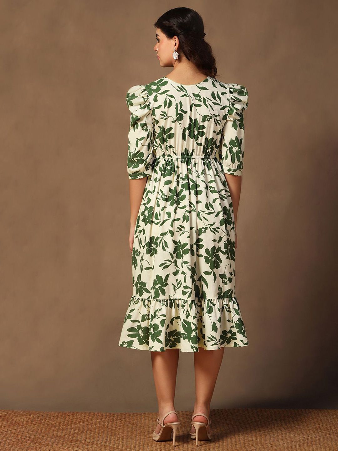 Buy OMPAX Floral Printed Puff Sleeve Fit & Flare Midi Dress - Dresses ...