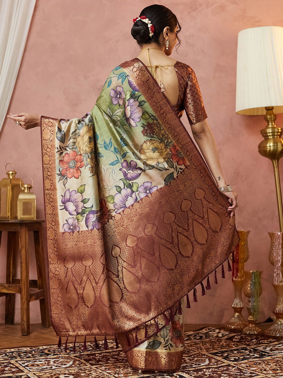 Buy Satrani Ethnic Motifs Printed Zari Pure Silk Saree - Sarees for ...