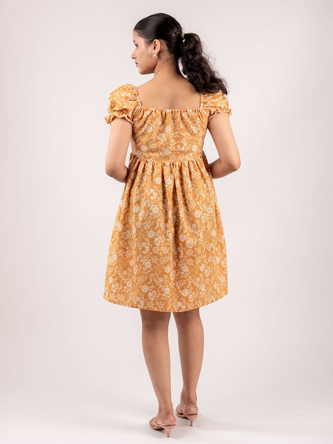 Buy MONOMEE Women Floral Printed Puff Sleeve Fit & Flare Dress ...