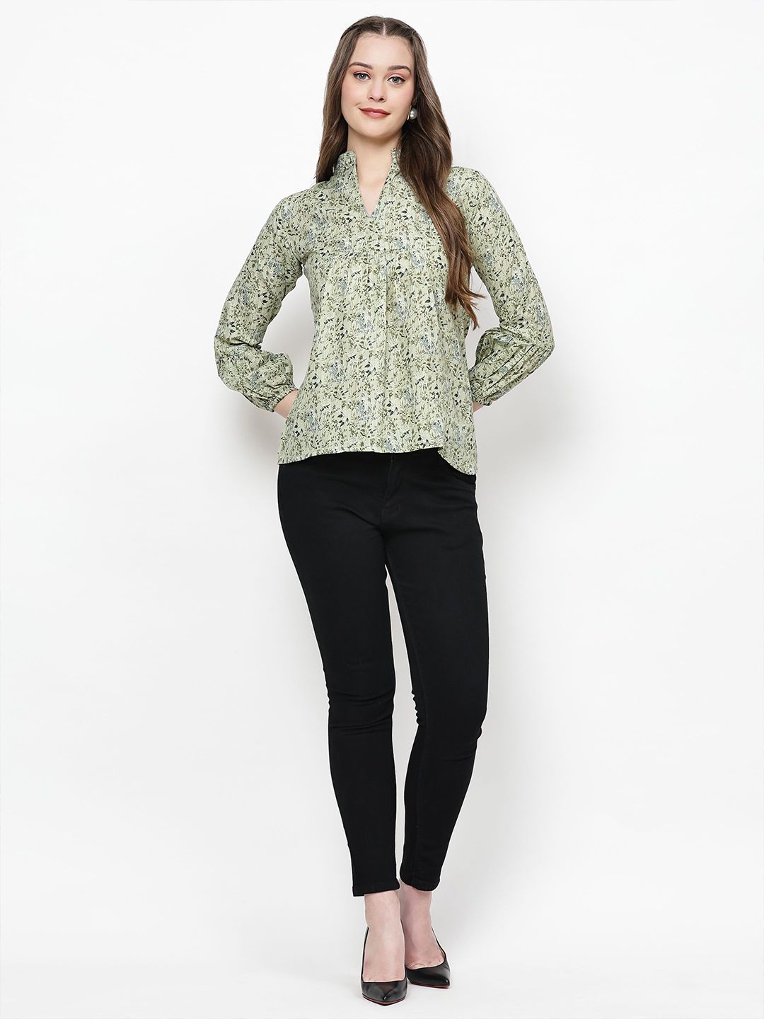Buy TrendRush Floral Print Mandarin Collar Top - Tops for Women ...