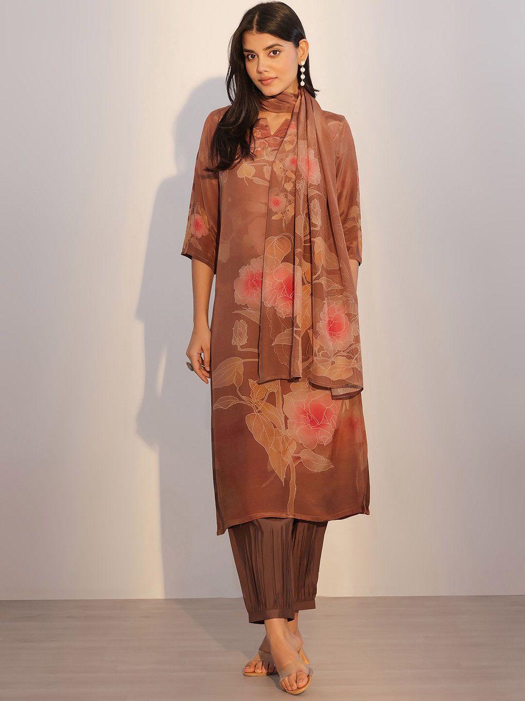 Buy Libas Floral Printed Notch Neck Straight Kurta With Salwar & Dupatta - Kurta Sets for Women ...