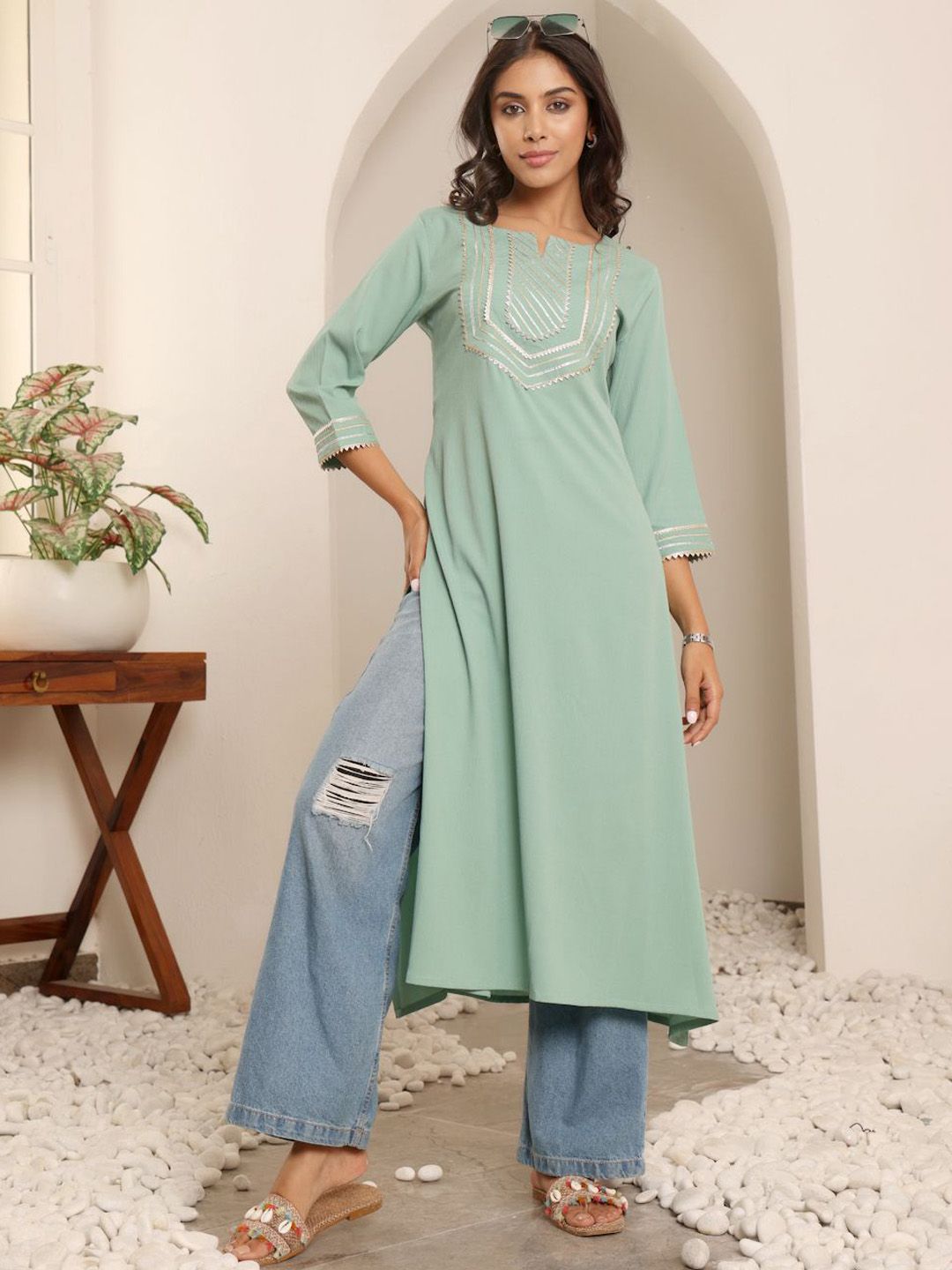 Buy Varanga Ethnic Motifs Embellished Notch Neck Gotta Patti Straight ...