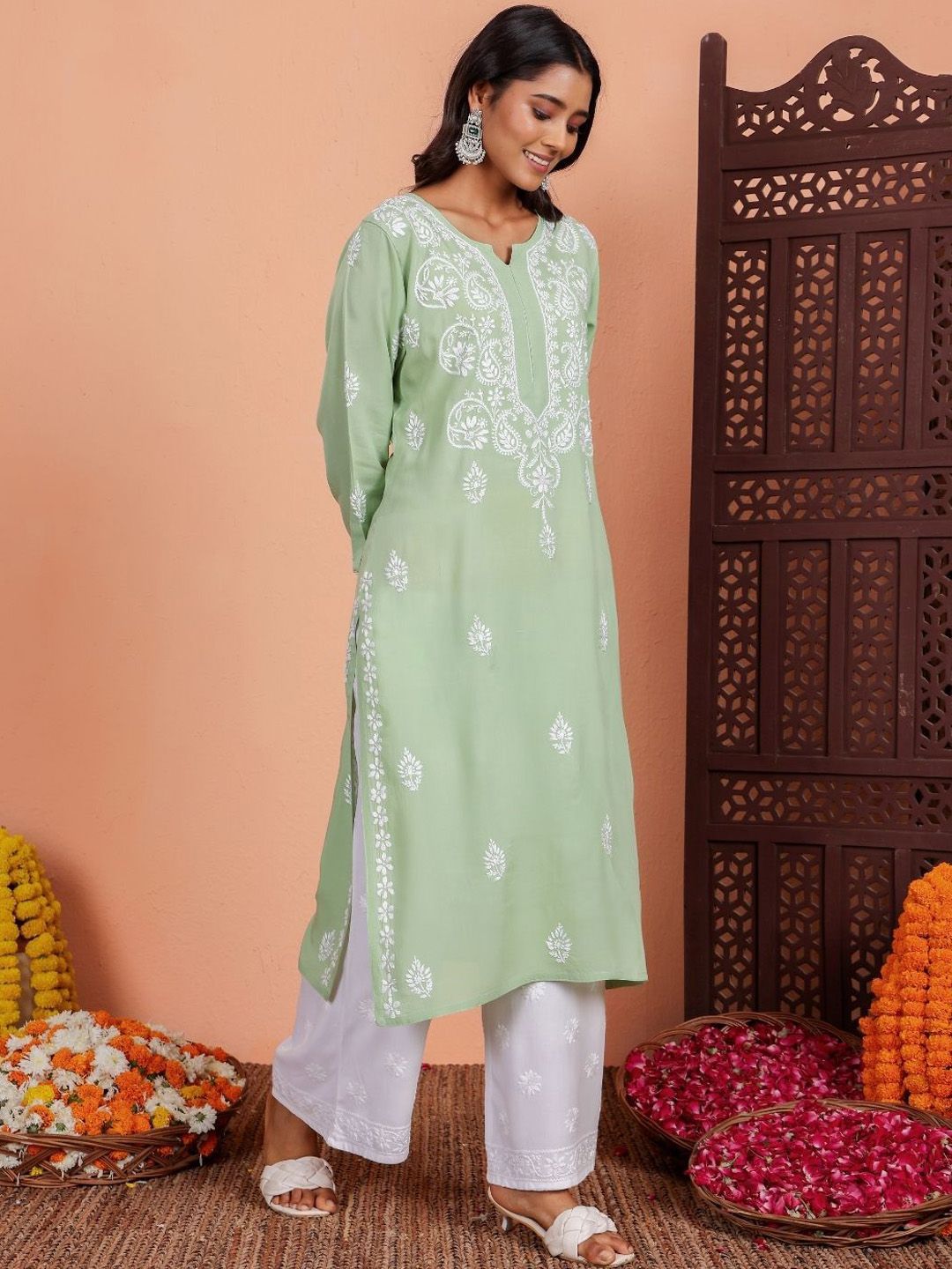 Buy Chowkhat Floral Embroidered Notch Neck Chikankari Modal Straight ...