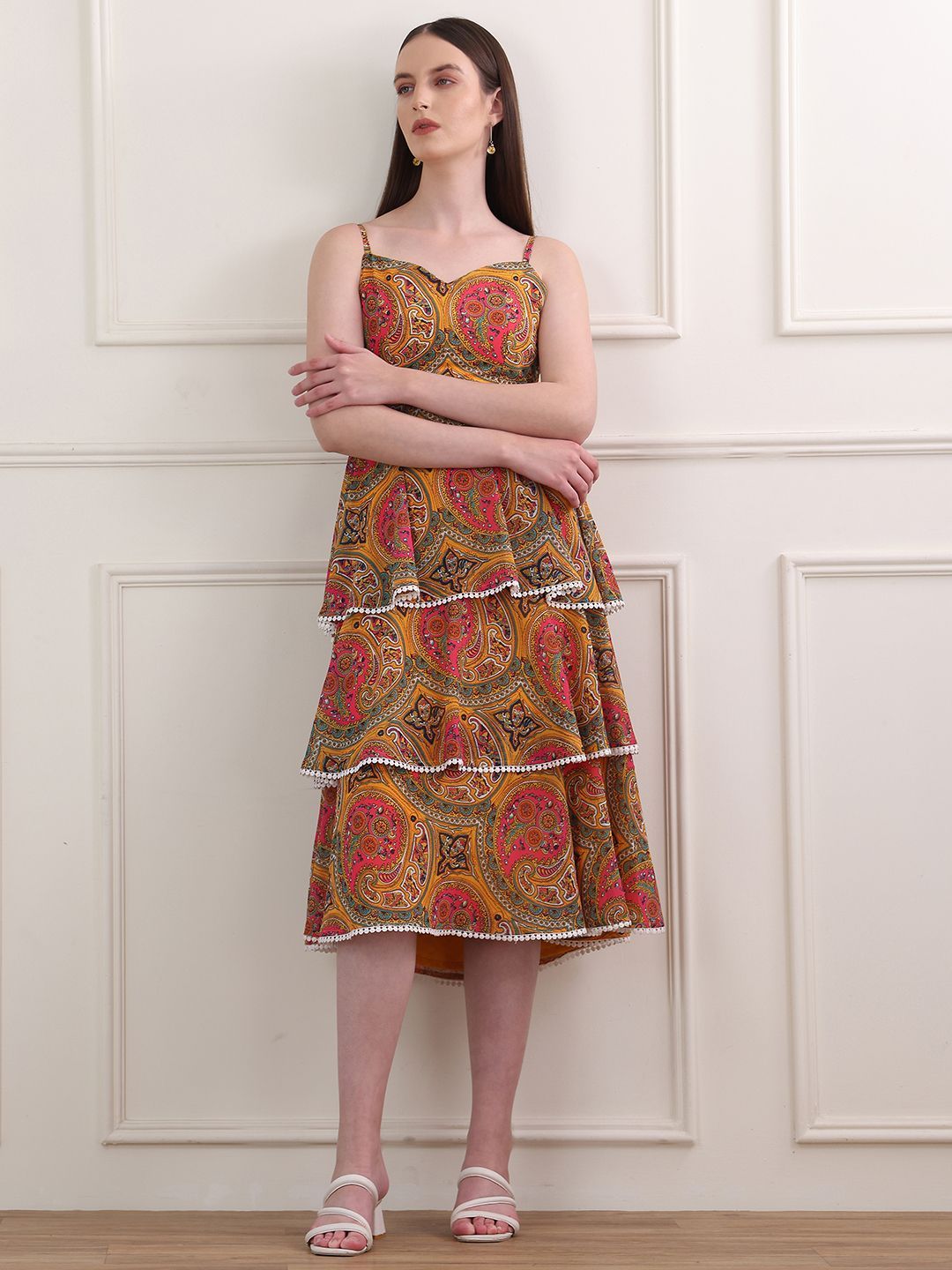 Buy OBSHIVKA Women Ethnic Motifs Printed LayeredTiered Fit & Flare Midi ...