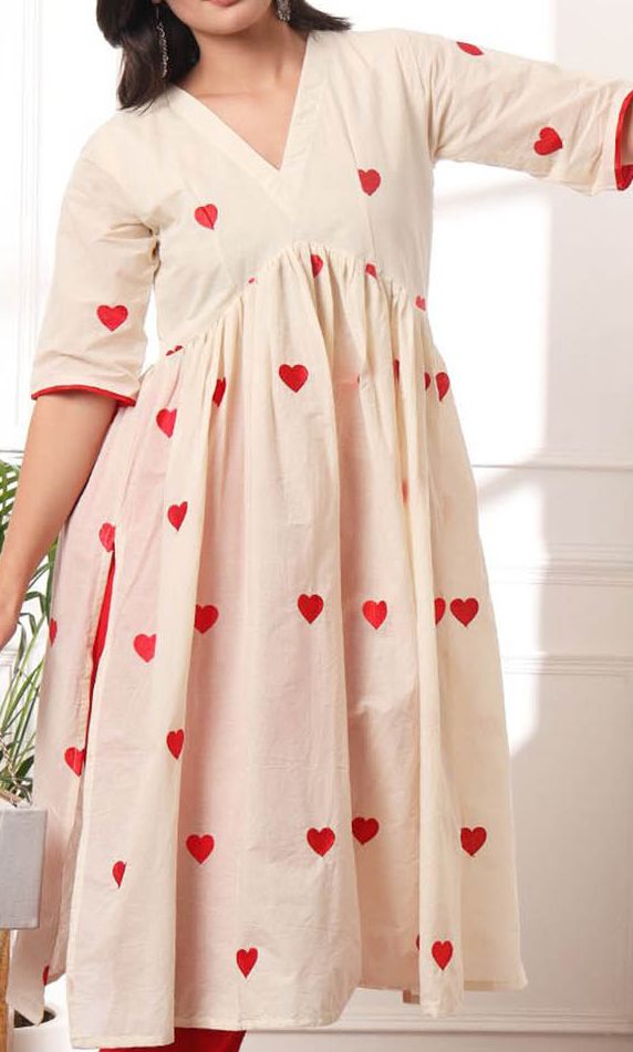 Buy KALINI Heart Shaped Embroidered V Neck A Line Pure Cotton Kurta ...