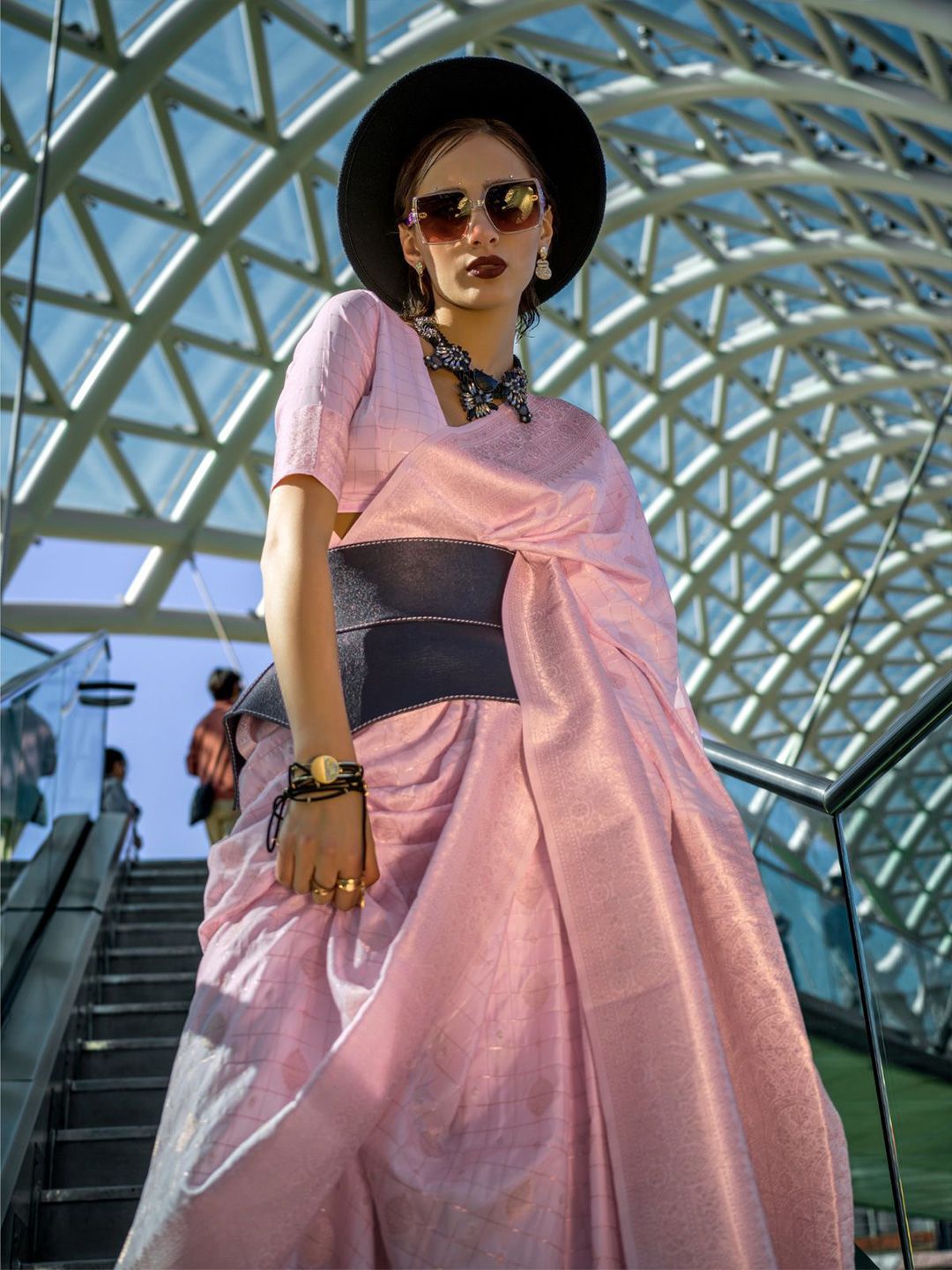 Buy ODETTE Light Pink Silk Blend Woven Saree With Unstitched Blouse For ...