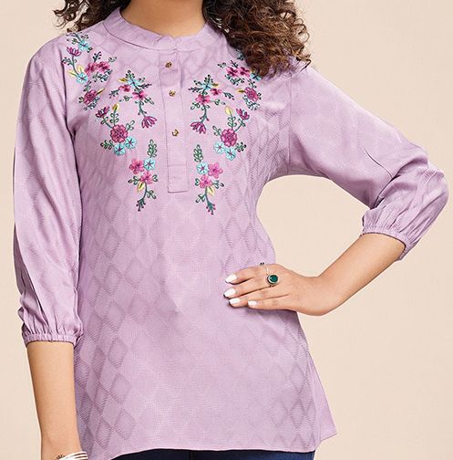 Buy MOJILAA Floral Embroidered Mandarin Collar Puff Sleeve A Line Top ...