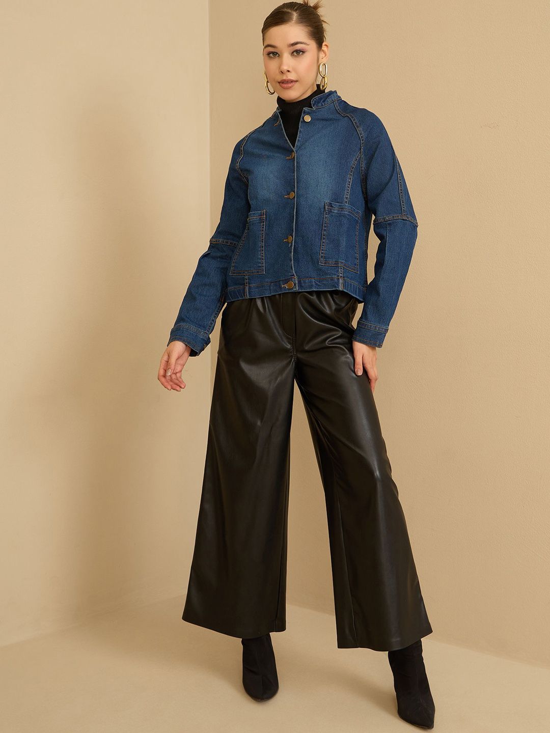 Buy Antheaa Women Mandarin Collar Washed Solid Casual Denim Jacket ...