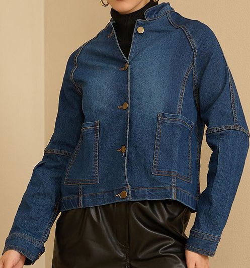 Buy Antheaa Women Mandarin Collar Washed Solid Casual Denim Jacket ...