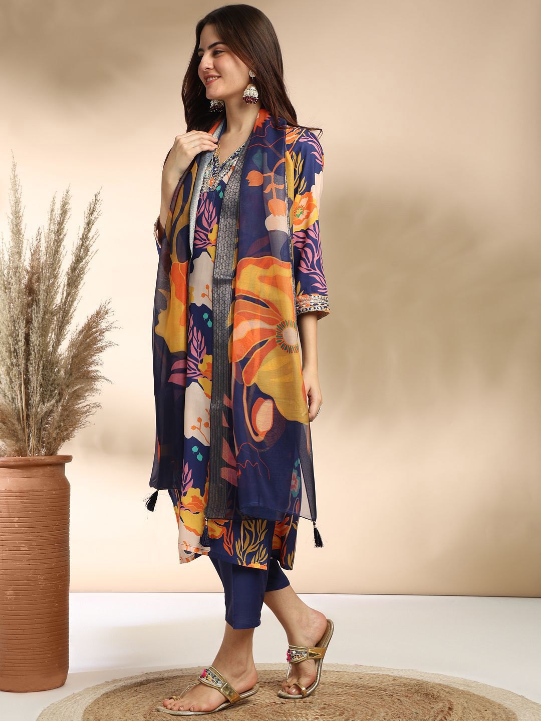 Buy MOKOSH Floral Printed Sequinned Straight Kurta With Trouser And Dupatta - Kurta Sets for ...