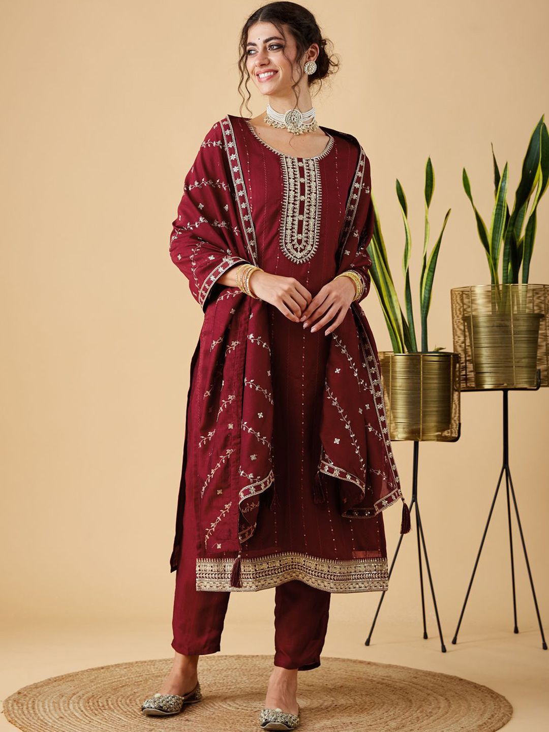 Buy MOKOSH Floral Embroidered Straight Kurta With Trousers And Dupatta - Kurta Sets for Women ...
