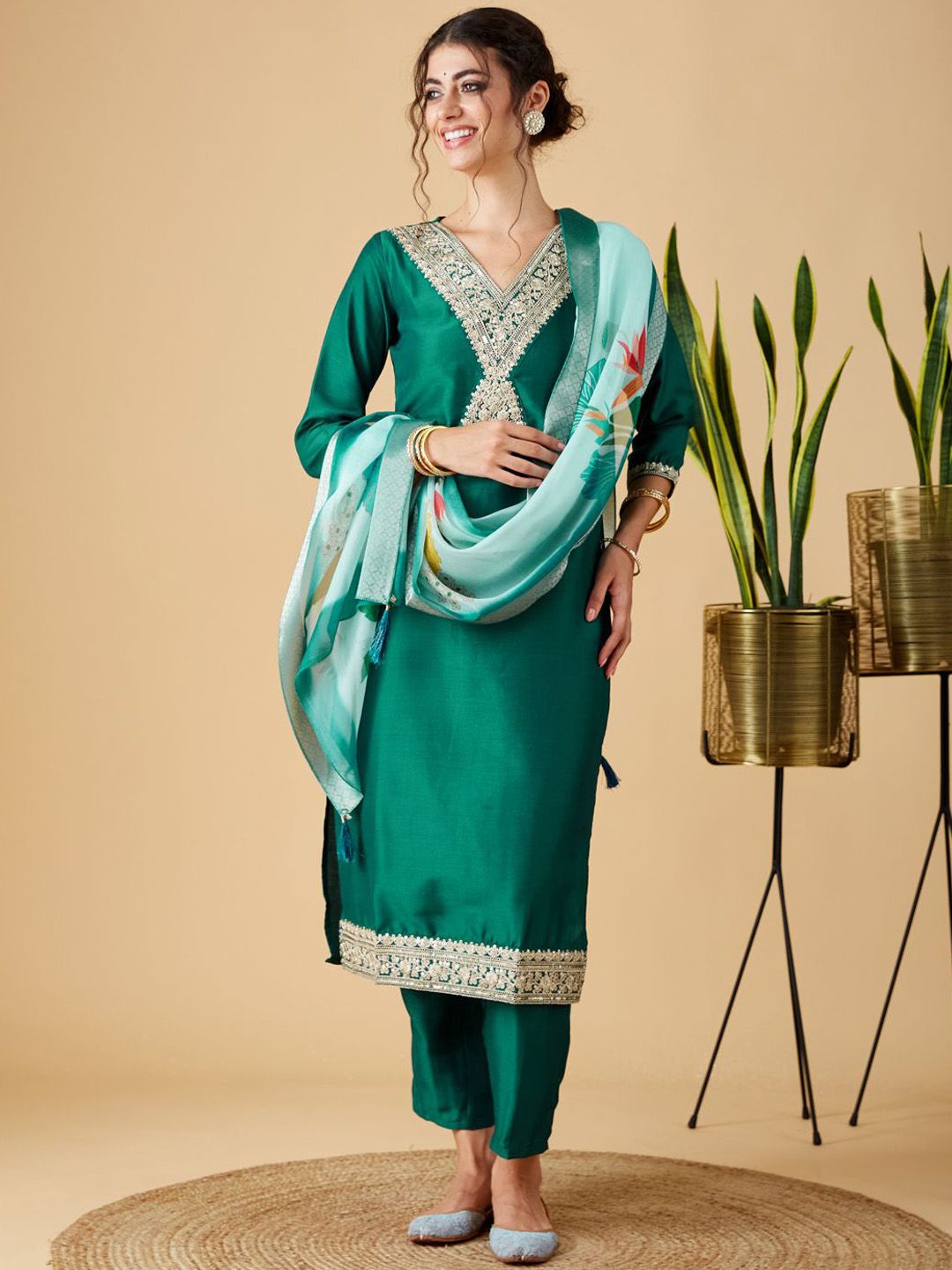 Buy MOKOSH Floral Embroidered V Neck Straight Kurta With Trousers And Dupatta - Kurta Sets for ...