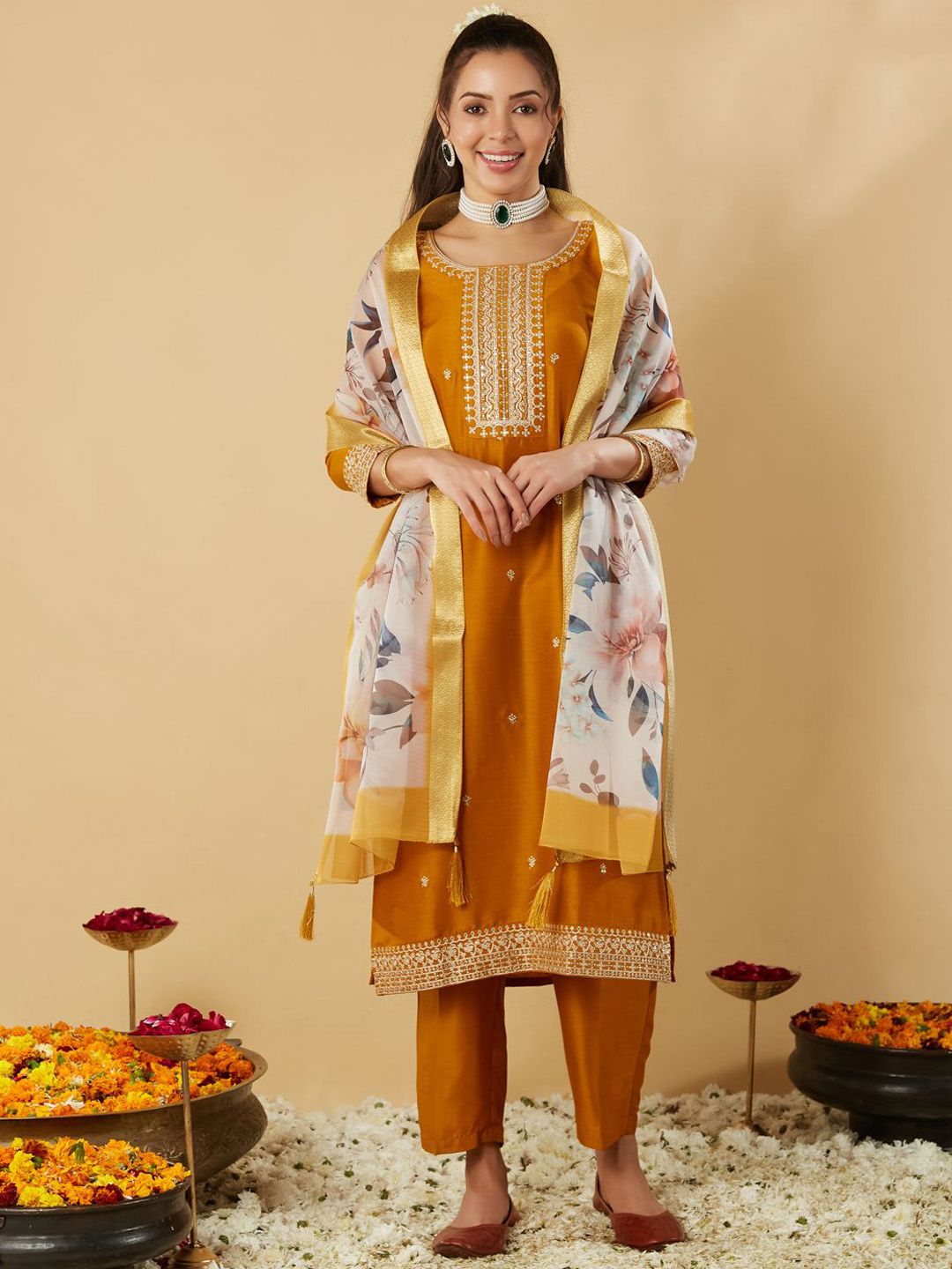 Buy MOKOSH Floral Embroidered Straight Kurta With Trousers And Dupatta - Kurta Sets for Women ...