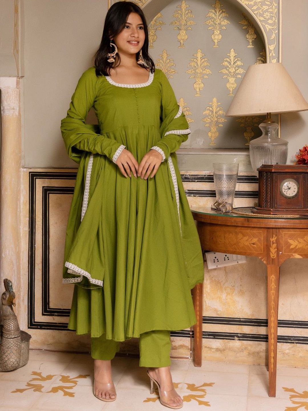 Buy Pomcha Women Regular Pure Cotton Kurta With Trousers & With Dupatta ...