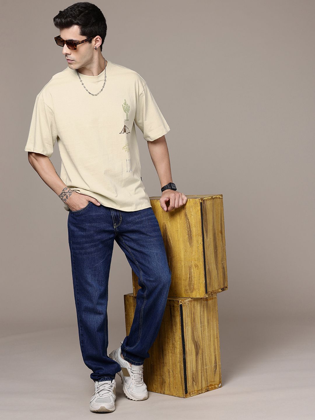 Buy The Roadster Life Co. Printed Drop Shoulder Sleeves Pure Cotton ...