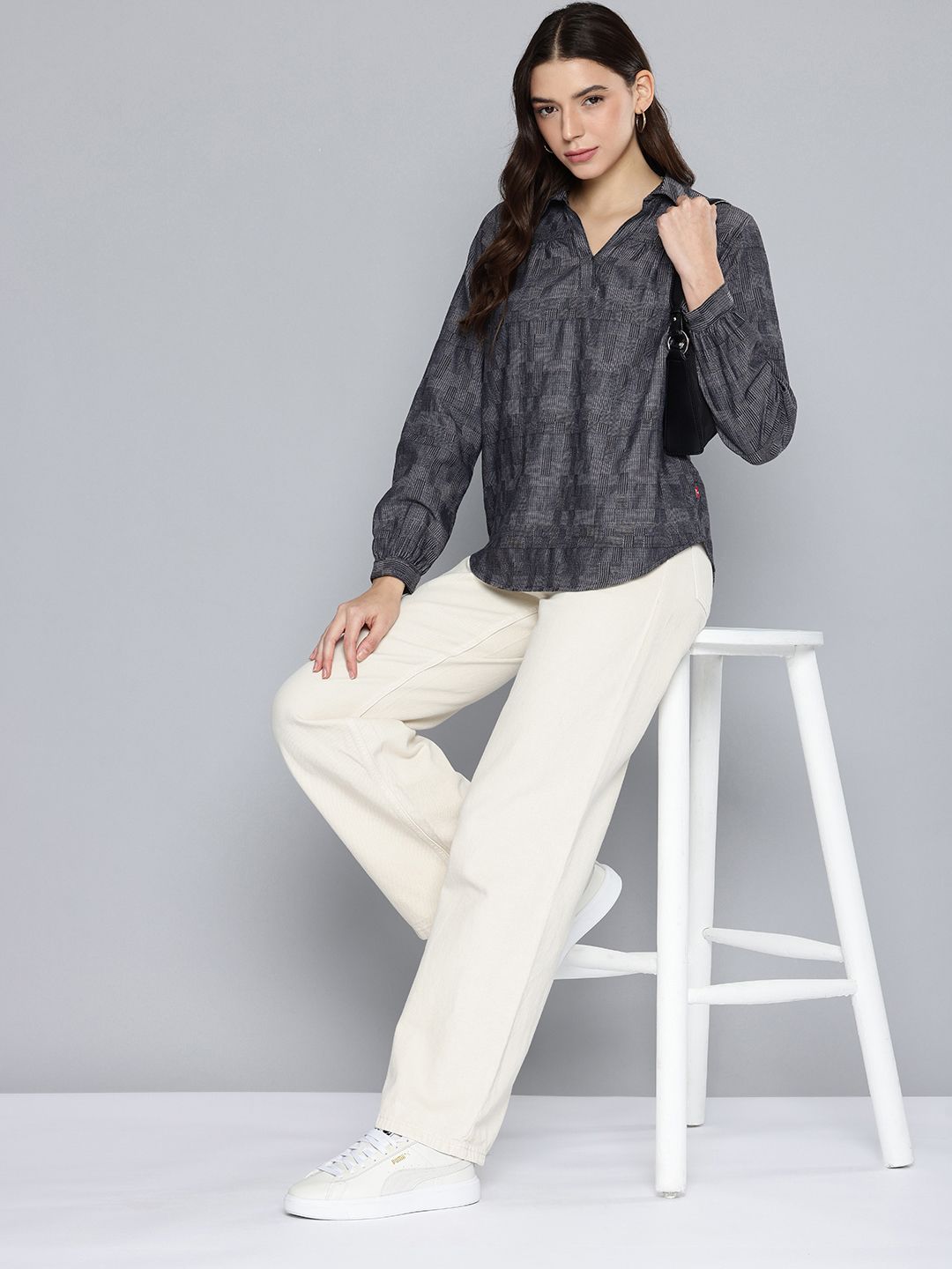 Buy Levis Pure Cotton Textured Shirt Collar Cuffed Sleeves A Line Top ...