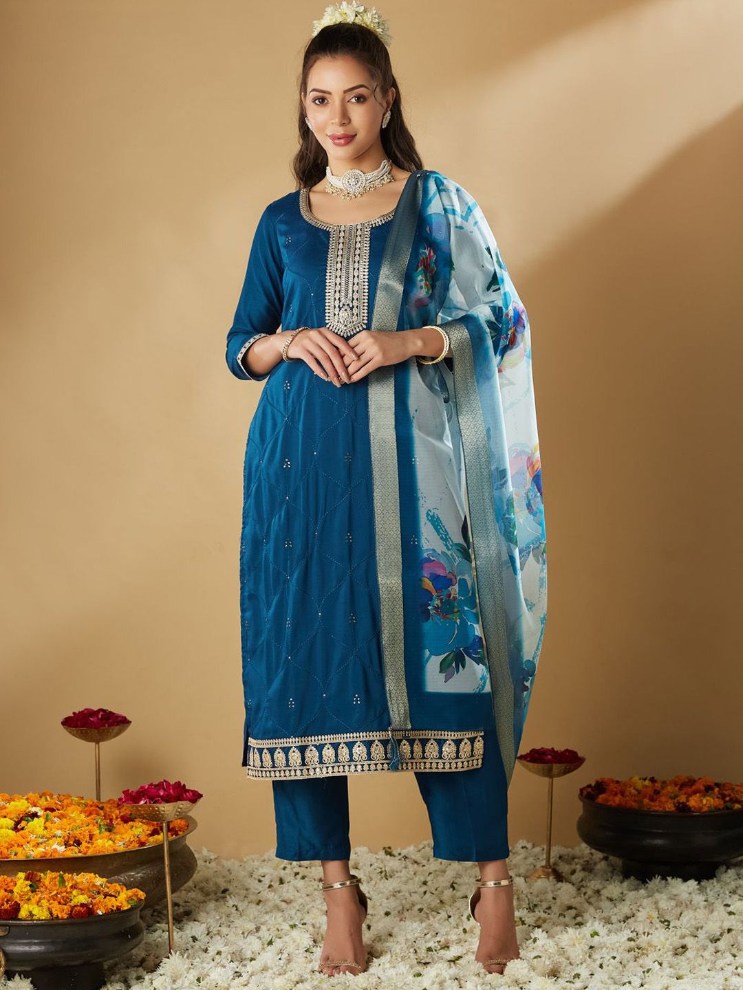 Buy MOKOSH Ethnic Motifs Embroidered Sequinned Straight Kurta With Trousers & Dupatta - Kurta ...