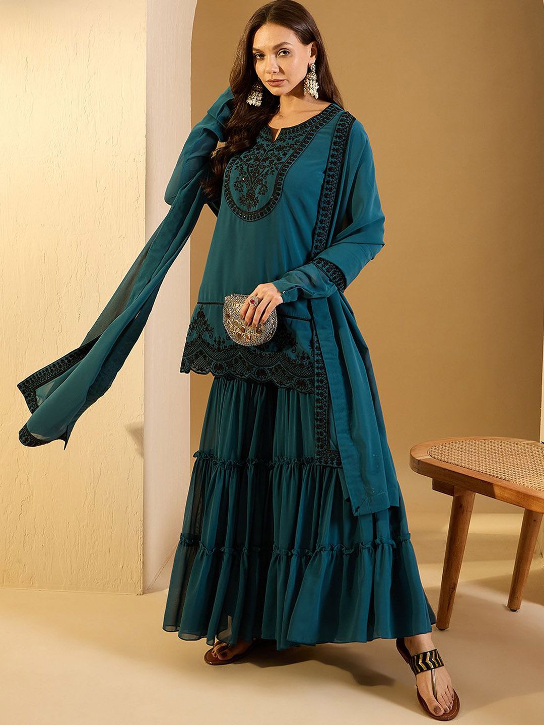 Buy Inddus Floral Embroidered Notch Neck Sequinned Georgette Kurti With ...