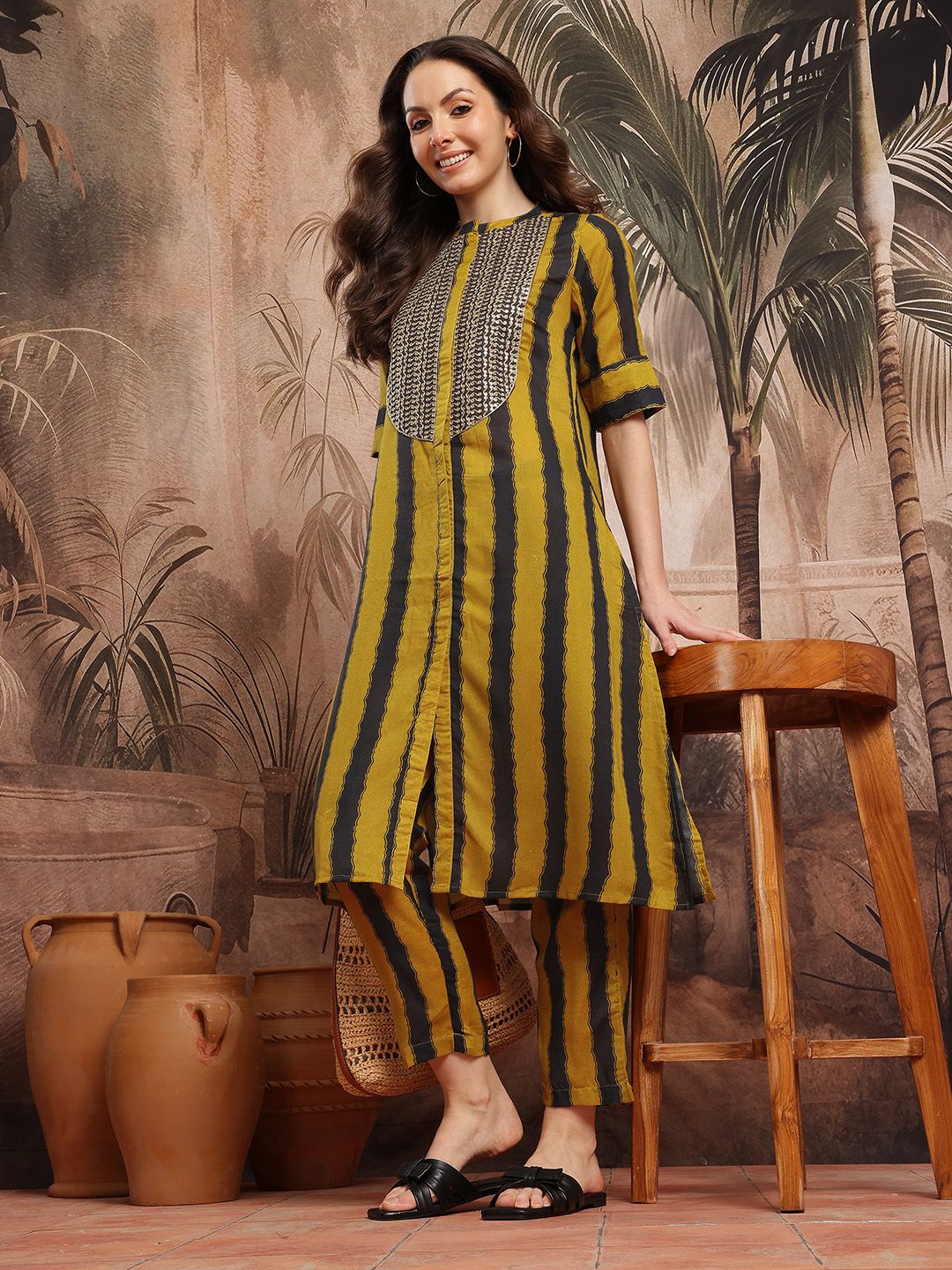 Buy Sangria Vertically Striped Zari & Sequinned Detail Straight Kurta With Trousers - Kurta Sets ...