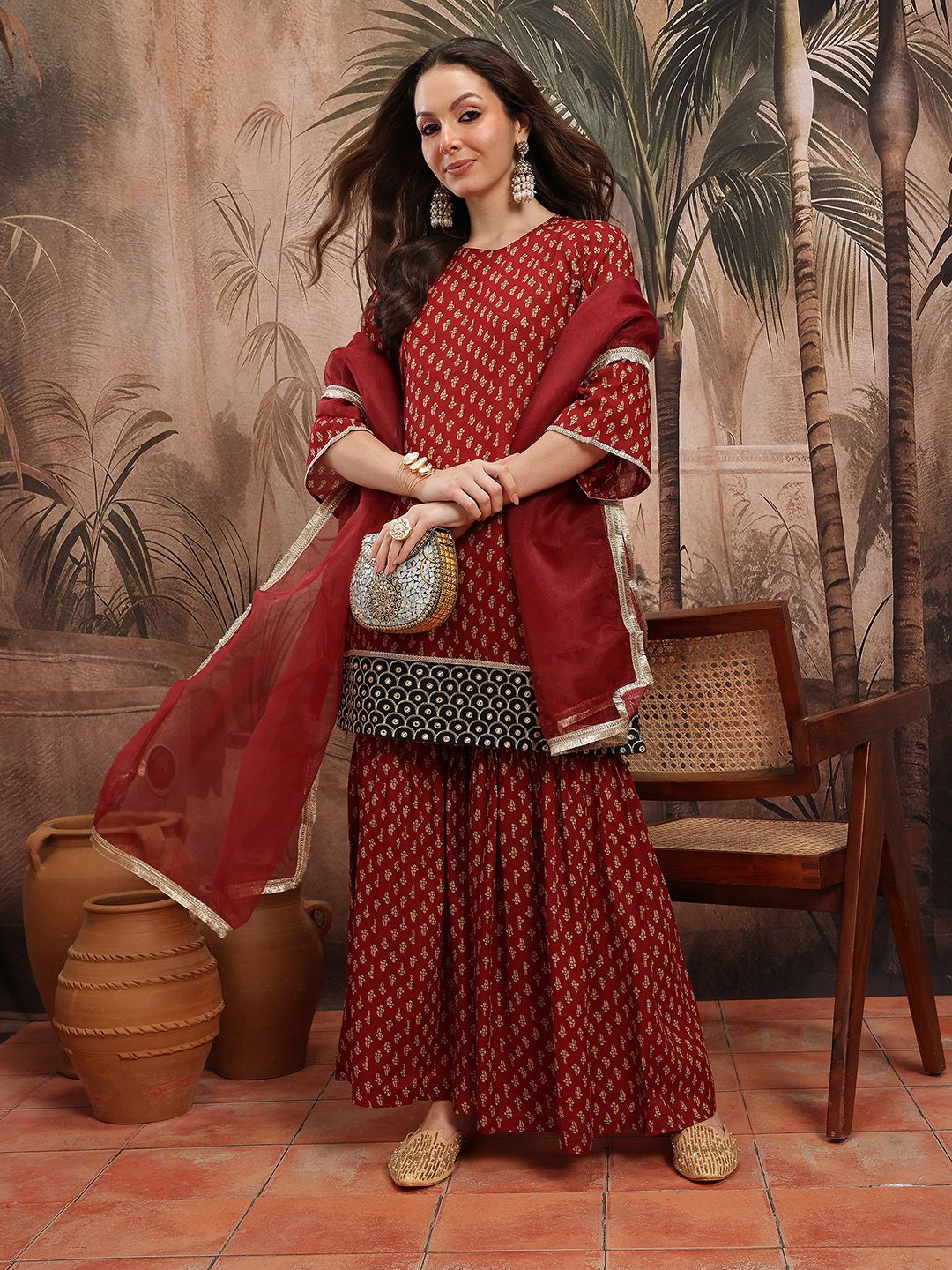 Buy Sangria Ethnic Motifs Printed Mirror Work Kurti With Sharara & Dupatta - Kurta Sets for ...