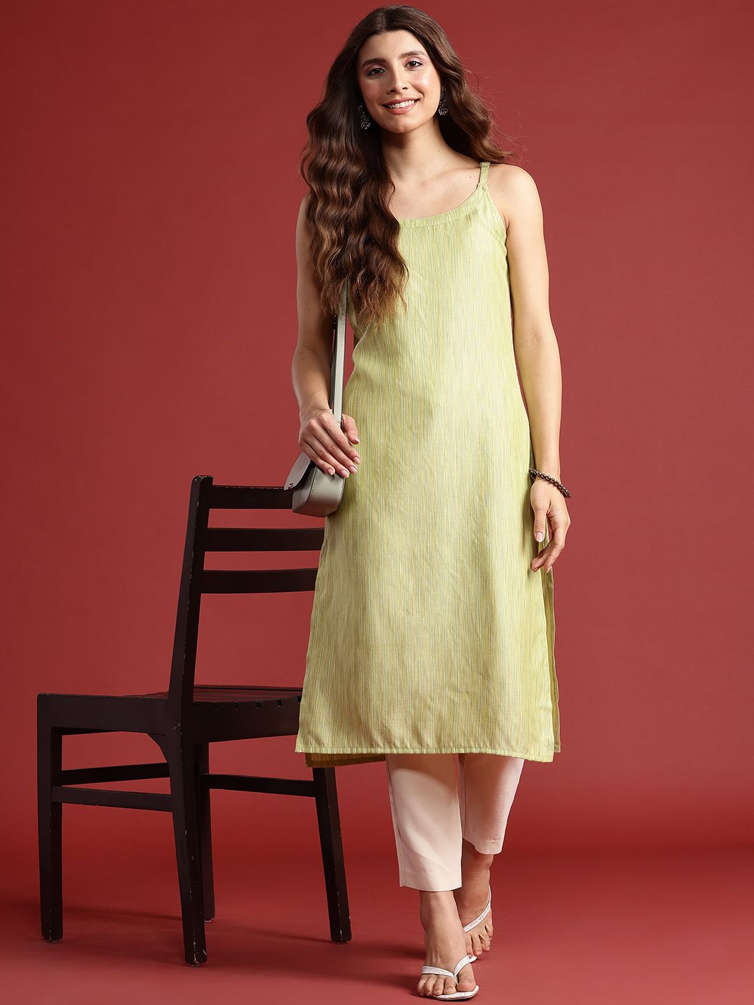 Buy Anouk Shoulder Straps Woven Design Striped Straight Kurta - Kurtas ...