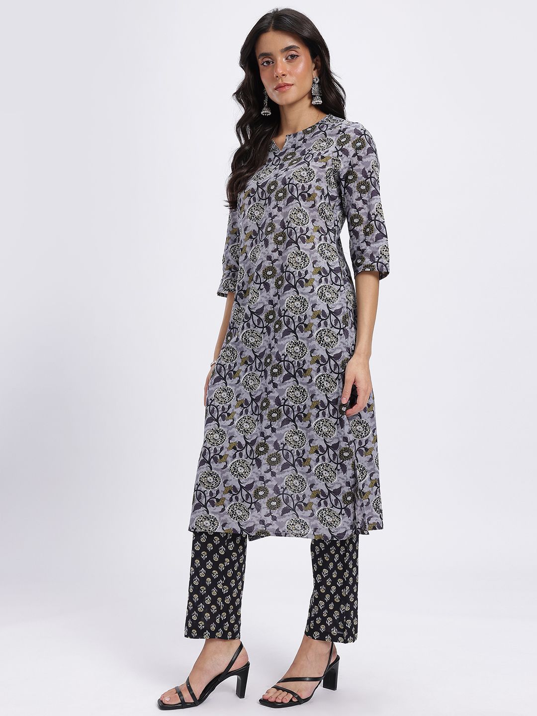 Buy Anouk Floral Print Pure Cotton Straight Kurta With Trousers & Dupatta - Kurta Sets for Women ...