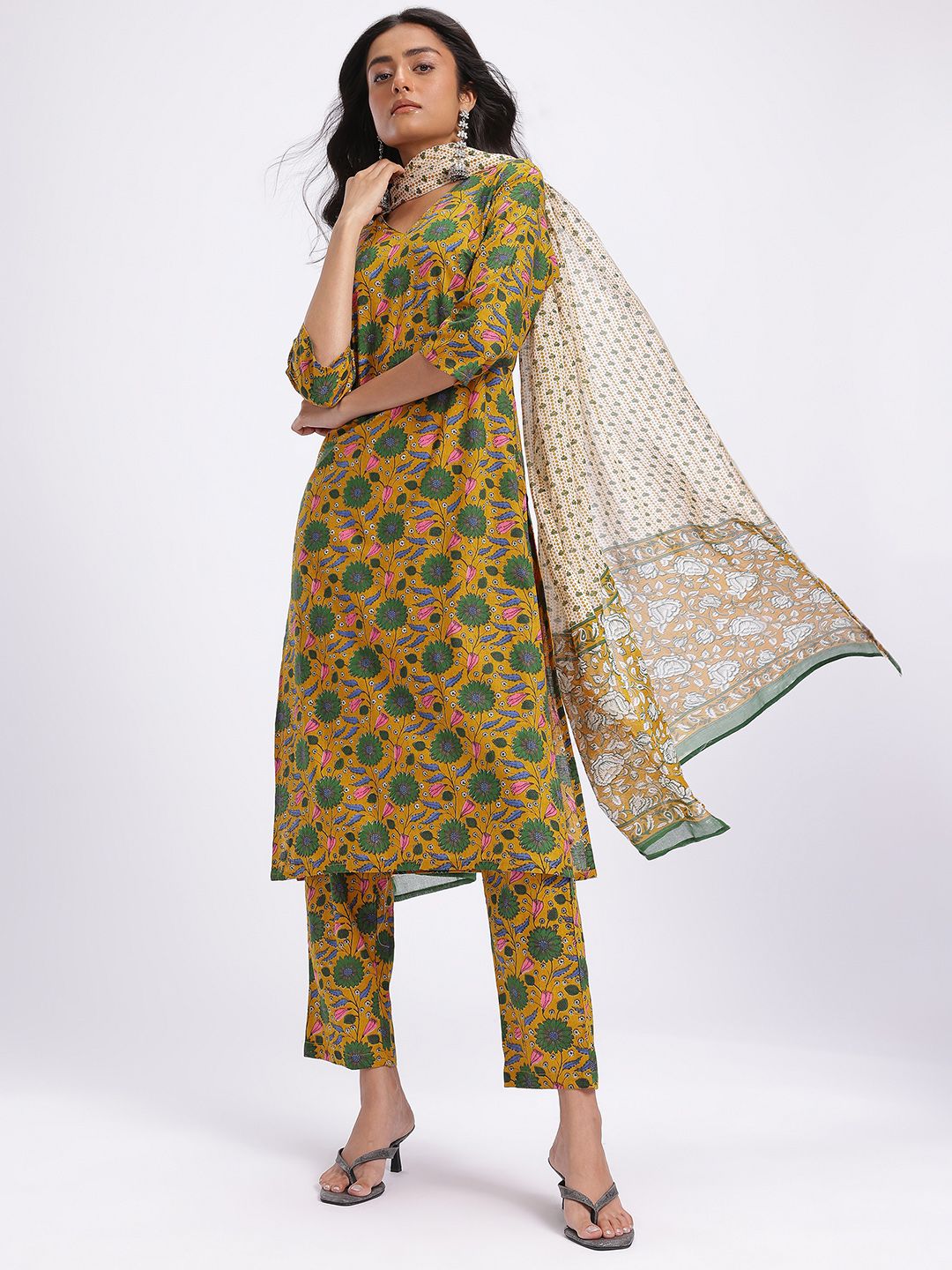 Buy Anouk Floral Printed Pure Cotton Kurta With Trousers & Dupatta - Kurta Sets for Women ...