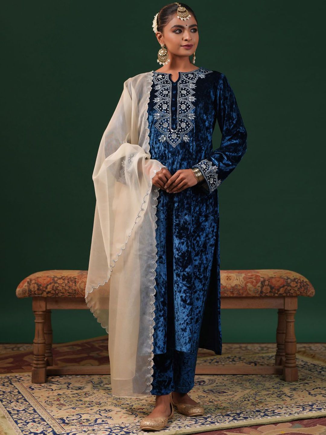 Buy Anayna Women Embroidered Regular Velvet Kurta With Trousers & With ...