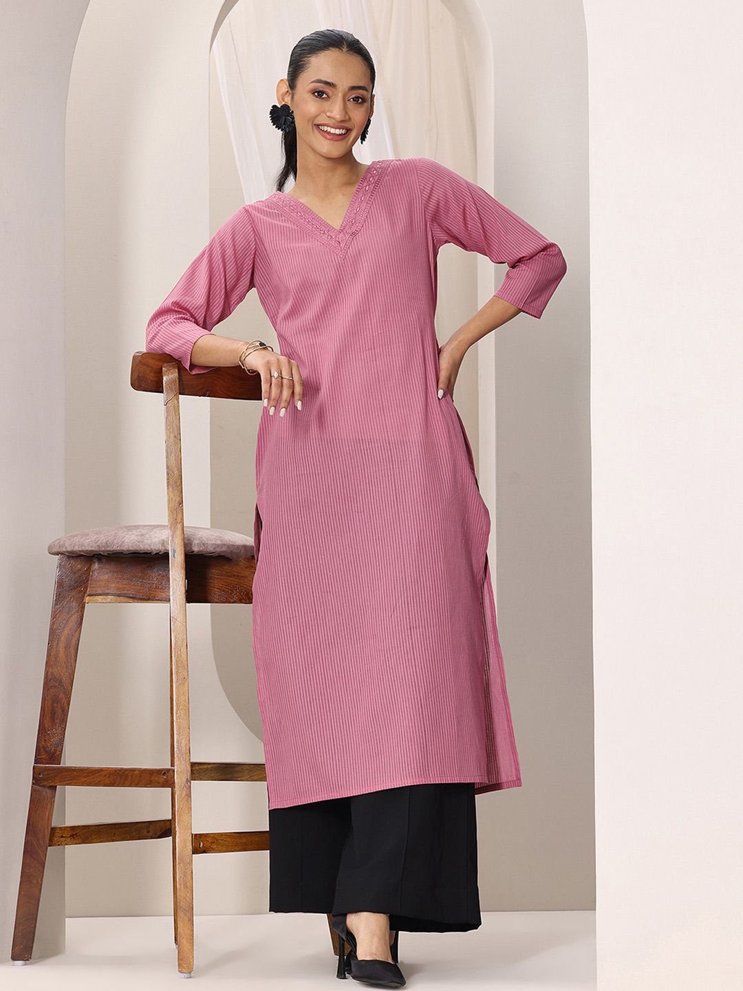 Buy Libas Striped Thread Work V Neck Straight Kurta - Kurtas for Women ...