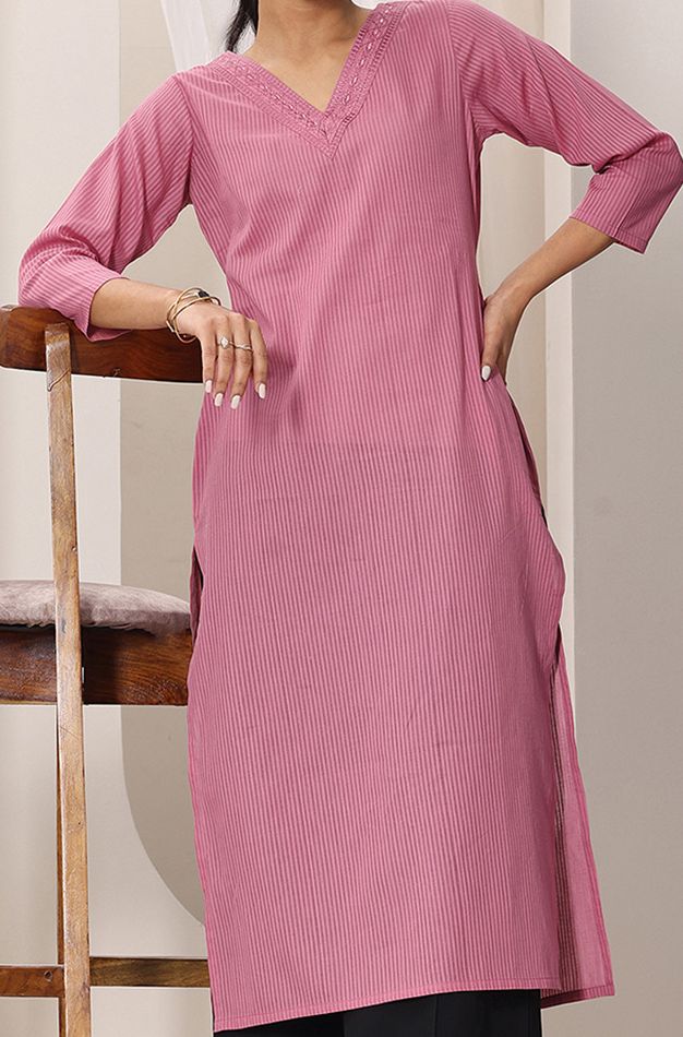 Buy Libas Striped Thread Work V Neck Straight Kurta - Kurtas for Women ...