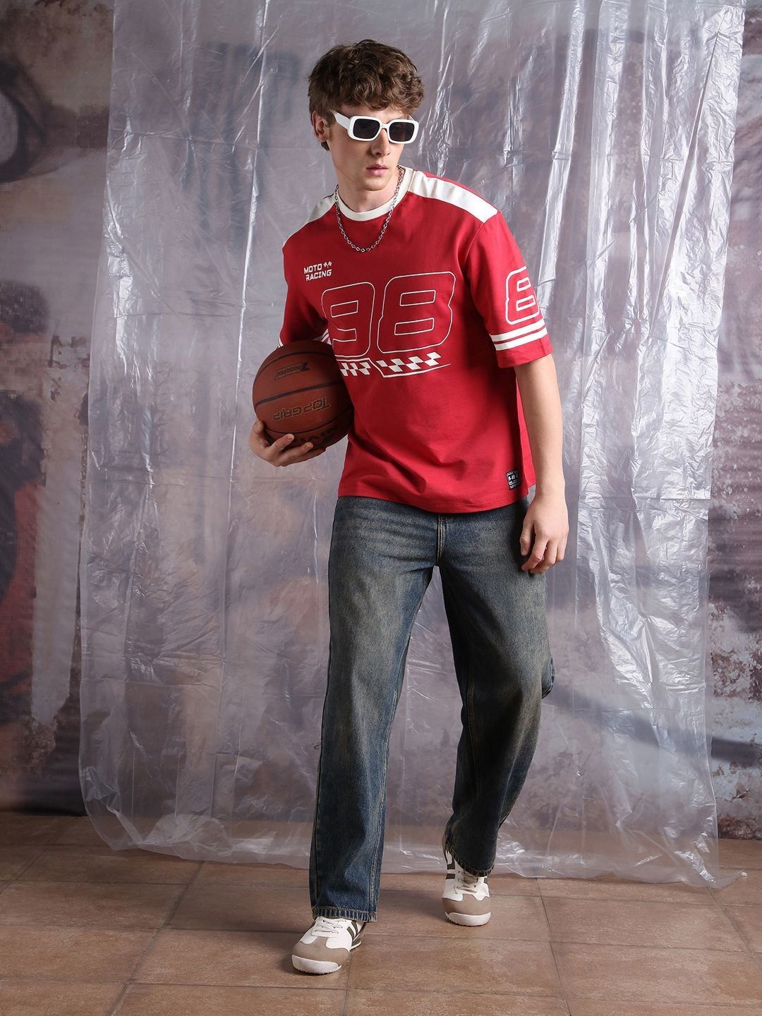 Buy Hubberholme Men Moto Varsity Graphic Printed Oversized Fit T Shirt ...