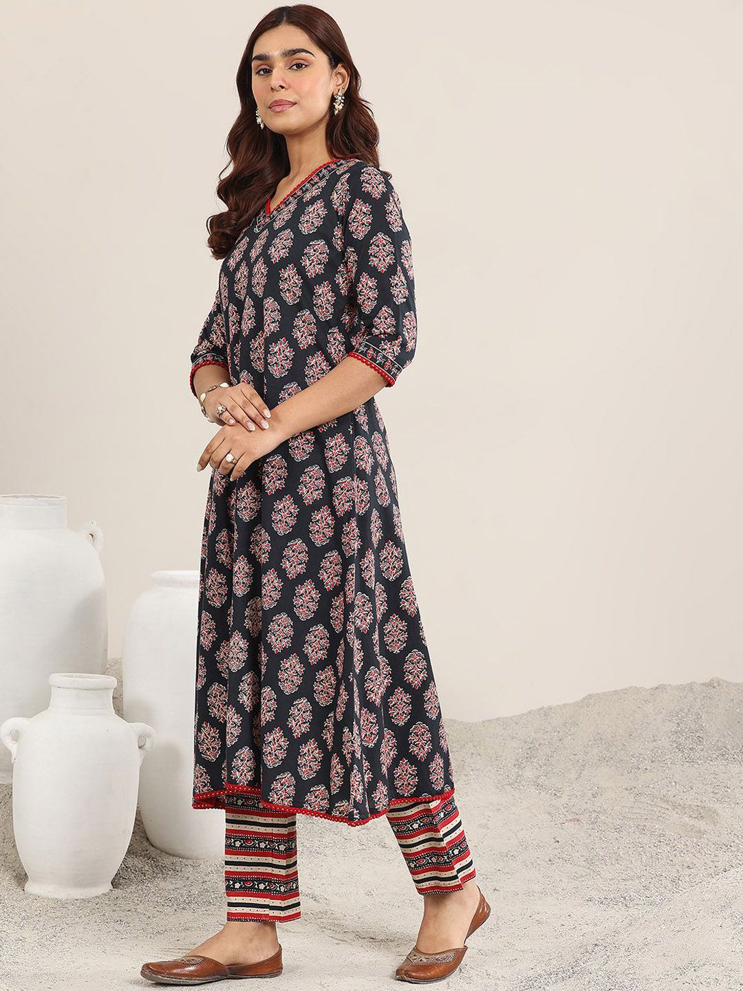 Buy Libas Ethnic Motifs Printed V Neck A Line Kurta With Trousers ...