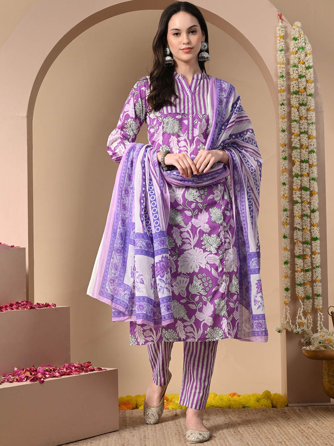 Buy Anouk Women Floral Printed Regular Pure Cotton Kurta With Trousers & With Dupatta - Kurta ...