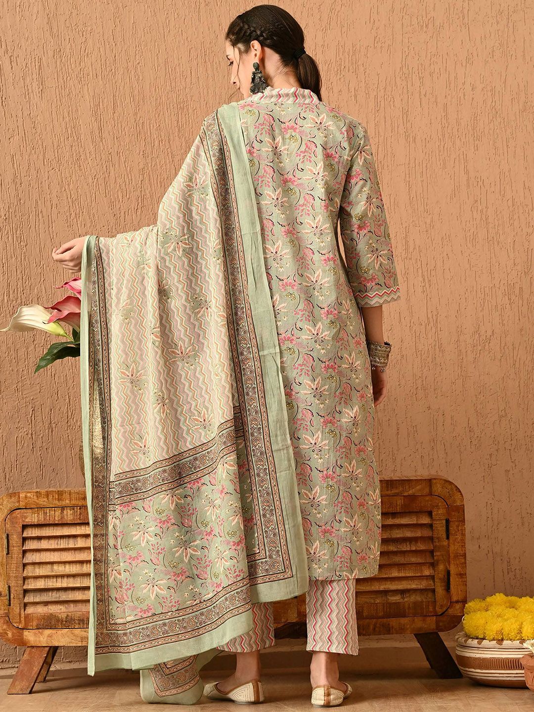 Buy Anouk Women Floral Printed Regular Pure Cotton Kurta With Trousers & With Dupatta - Kurta ...