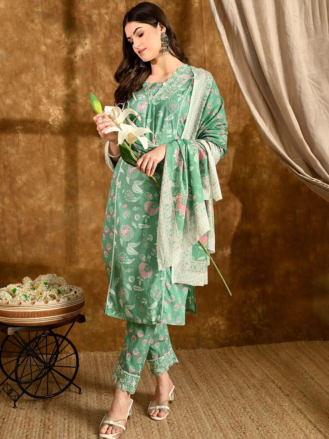 Buy Anouk Women Floral Printed Regular Pure Cotton Kurta With Trousers & With Dupatta - Kurta ...