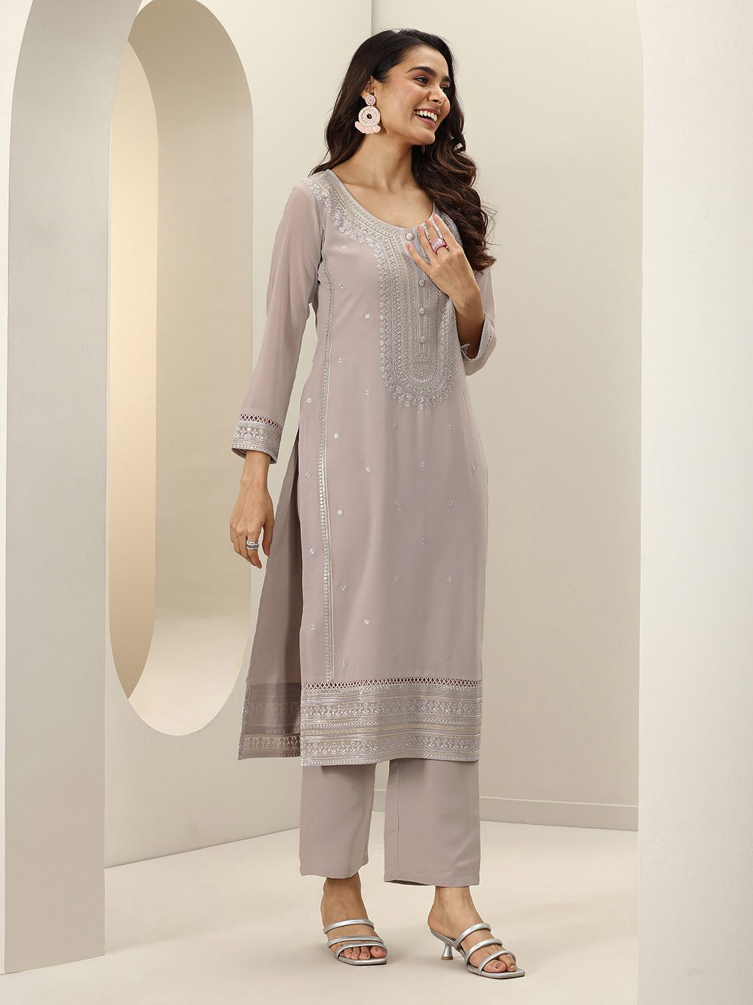 Buy Libas Women Ethnic Motifs Embroidered Regular Sequinned Kurta With Palazzos & With Dupatta ...